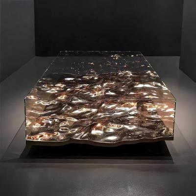 China Wave Design Stainless Steel Glass Coffee Table Modern Living Room Centerpiece for sale