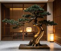 China Zen-Inspired Stainless Steel Pine Tree Sculpture with Lighted Lanterns and Customizable Size for Commercial Spaces for sale