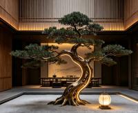 China Zen-Inspired Stainless Steel Pine Tree Sculpture with Lighted Lanterns and Customizable Size for Commercial Spaces for sale