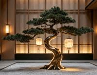 China Zen-Inspired Stainless Steel Pine Tree Sculpture with Lighted Lanterns and Customizable Size for Commercial Spaces for sale