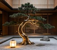 China Zen-Inspired Stainless Steel Pine Tree Sculpture with Lighted Lanterns and Customizable Size for Commercial Spaces for sale