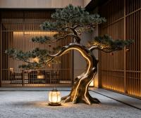 China Zen-Inspired Stainless Steel Pine Tree Sculpture with Lighted Lanterns and Customizable Size for Commercial Spaces for sale