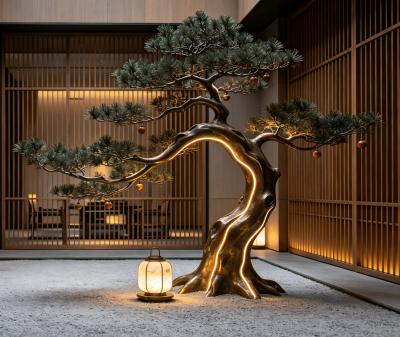 China Zen-Inspired Stainless Steel Pine Tree Sculpture with Lighted Lanterns and Customizable Size for Commercial Spaces for sale