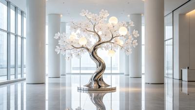 China Mirror Polished Stainless Steel Tree Sculpture with Cool White LED Lighting and Customizable Height and Size for sale