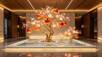 China Luxury LED Luminous Golden Pomegranate Tree Sculpture with Mirror Water Pool and 3.2m Height Main Tree for sale
