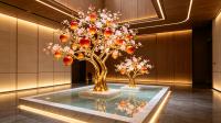 China Luxury LED Luminous Golden Pomegranate Tree Sculpture with Mirror Water Pool and 3.2m Height Main Tree for sale
