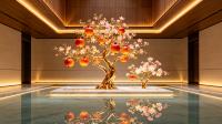 China Luxury LED Luminous Golden Pomegranate Tree Sculpture with Mirror Water Pool and 3.2m Height Main Tree for sale