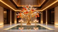 China Luxury LED Luminous Golden Pomegranate Tree Sculpture with Mirror Water Pool and 3.2m Height Main Tree for sale