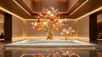 China Luxury LED Luminous Golden Pomegranate Tree Sculpture with Mirror Water Pool and 3.2m Height Main Tree for sale