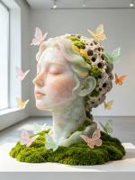 China Gradient Jade Resin Female Bust Sculpture with Interactive LED and Volcanic Rock Base for Art Galleries for sale