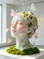 China Gradient Jade Resin Female Bust Sculpture with Interactive LED and Volcanic Rock Base for Art Galleries for sale