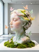 China Gradient Jade Resin Female Bust Sculpture with Interactive LED and Volcanic Rock Base for Art Galleries for sale