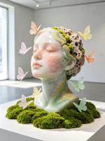 China Gradient Jade Resin Female Bust Sculpture with Interactive LED and Volcanic Rock Base for Art Galleries for sale