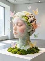 China Gradient Jade Resin Female Bust Sculpture with Interactive LED and Volcanic Rock Base for Art Galleries for sale