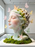China Gradient Jade Resin Female Bust Sculpture with Interactive LED and Volcanic Rock Base for Art Galleries for sale