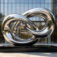 China Mirror Polished 304 Stainless Steel Public Art Sculpture with Intertwined Double Helix Structure and Black Solid Granite Base for sale