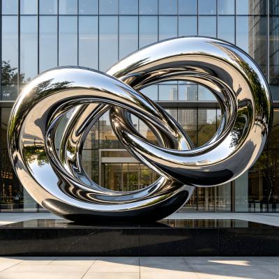 China Mirror Polished 304 Stainless Steel Public Art Sculpture with Intertwined Double Helix Structure and Black Solid Granite Base for sale