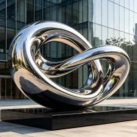 China Mirror Polished 304 Stainless Steel Public Art Sculpture with Intertwined Double Helix Structure and Black Solid Granite Base for sale