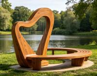 China Interactive Giant Harp Arch Bench Sculpture with High-Strength Fiberglass Imitation Wood and Adjustable Steel Cable Strings for sale