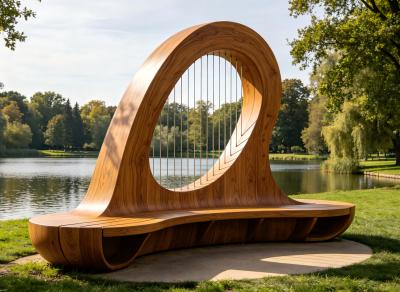 China Interactive Giant Harp Arch Bench Sculpture with High-Strength Fiberglass Imitation Wood and Adjustable Steel Cable Strings for sale