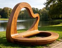 China Interactive Giant Harp Arch Bench Sculpture with High-Strength Fiberglass Imitation Wood and Adjustable Steel Cable Strings for sale