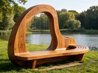 China Interactive Giant Harp Arch Bench Sculpture with High-Strength Fiberglass Imitation Wood and Adjustable Steel Cable Strings for sale