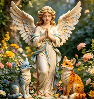 China Hand Painted High-Density Solid Resin Angel Statue with Forest Animals Decor Desktop Ornament for sale