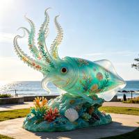 China Giant Fiberglass Squid Sculpture with Sunproof Finish Customized LED Light Strip and Steel Frame Reinforcement for Outdoor Public Art for sale