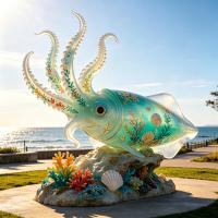China Giant Fiberglass Squid Sculpture with Sunproof Finish Customized LED Light Strip and Steel Frame Reinforcement for Outdoor Public Art for sale