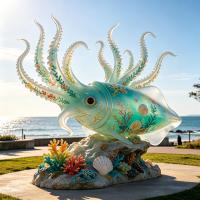 China Giant Fiberglass Squid Sculpture with Sunproof Finish Customized LED Light Strip and Steel Frame Reinforcement for Outdoor Public Art for sale