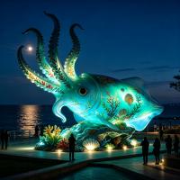 China Giant Fiberglass Squid Sculpture with Sunproof Finish Customized LED Light Strip and Steel Frame Reinforcement for Outdoor Public Art for sale