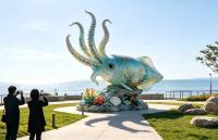 China Giant Fiberglass Squid Sculpture with Sunproof Finish Customized LED Light Strip and Steel Frame Reinforcement for Outdoor Public Art for sale