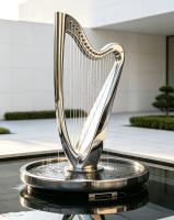 China Mirror Polished Stainless Steel Harp Water Fountain Sculpture with Recirculating Water System and Customizable Lighting for sale