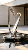 China Mirror Polished Stainless Steel Harp Water Fountain Sculpture with Recirculating Water System and Customizable Lighting for sale