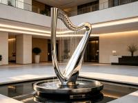 China Mirror Polished Stainless Steel Harp Water Fountain Sculpture with Recirculating Water System and Customizable Lighting for sale