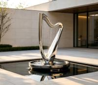 China Mirror Polished Stainless Steel Harp Water Fountain Sculpture with Recirculating Water System and Customizable Lighting for sale