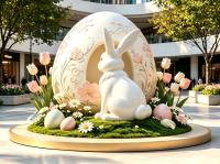 China Weatherproof Fiberglass Easter Bunny Sculpture with Giant Decorative Egg and Hand-Painted Floral Patterns for Spring Mall Statue for sale