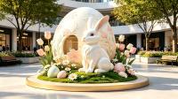 China Weatherproof Fiberglass Easter Bunny Sculpture with Giant Decorative Egg and Hand-Painted Floral Patterns for Spring Mall Statue for sale