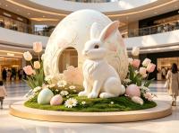 China Weatherproof Fiberglass Easter Bunny Sculpture with Giant Decorative Egg and Hand-Painted Floral Patterns for Spring Mall Statue for sale