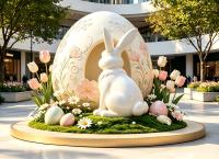 China Weatherproof Fiberglass Easter Bunny Sculpture with Giant Decorative Egg and Hand-Painted Floral Patterns for Spring Mall Statue for sale