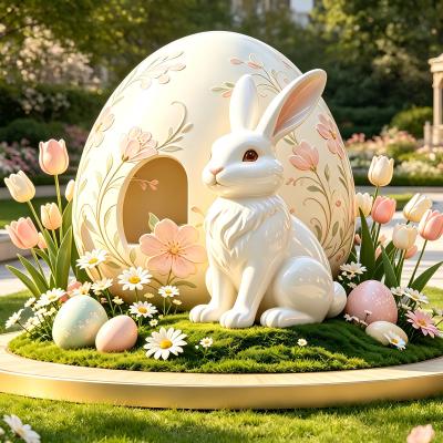 China Weatherproof Fiberglass Easter Bunny Sculpture with Giant Decorative Egg and Hand-Painted Floral Patterns for Spring Mall Statue for sale