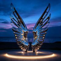 China 304 Stainless Steel Angel Wings Sculpture with Mirror Polished Finish and Hollow Feather Structure for sale