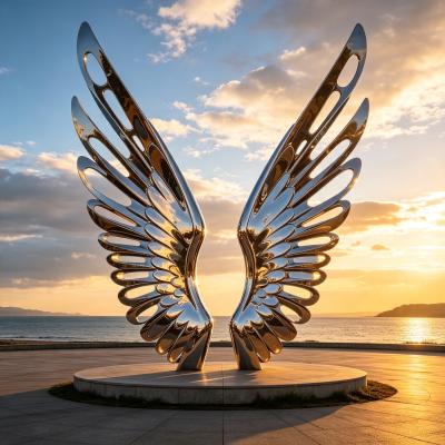 China 304 Stainless Steel Angel Wings Sculpture with Mirror Polished Finish and Hollow Feather Structure for sale