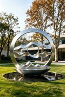 China Minimalist Circular Mountain Water Stainless Steel Sculpture for Outdoor Landscape Art with Premium 304 or 316 Stainless Steel and Customized Dimensions for sale