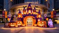 China Fiberglass Halloween Castle Sculpture with LED Lighting and Interactive Pumpkin Arch Decor for Commercial Displays for sale