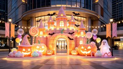 China Fiberglass Halloween Castle Sculpture with LED Lighting and Interactive Pumpkin Arch Decor for Commercial Displays for sale