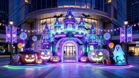 China Fiberglass Halloween Castle Sculpture with LED Lighting and Interactive Pumpkin Arch Decor for Commercial Displays for sale