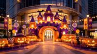 China Fiberglass Halloween Castle Sculpture with LED Lighting and Interactive Pumpkin Arch Decor for Commercial Displays for sale