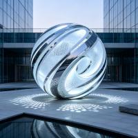 China Custom Large Hollow-Cut Stainless Steel Sphere Light Sculpture with RGB DMX 512 and IP65 Waterproof Base for sale