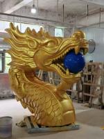 China Custom Fiberglass Golden Dragon Head Sculpture with Smoke-Jet Function and RGB DMX 512 Lighting for Commercial Display for sale